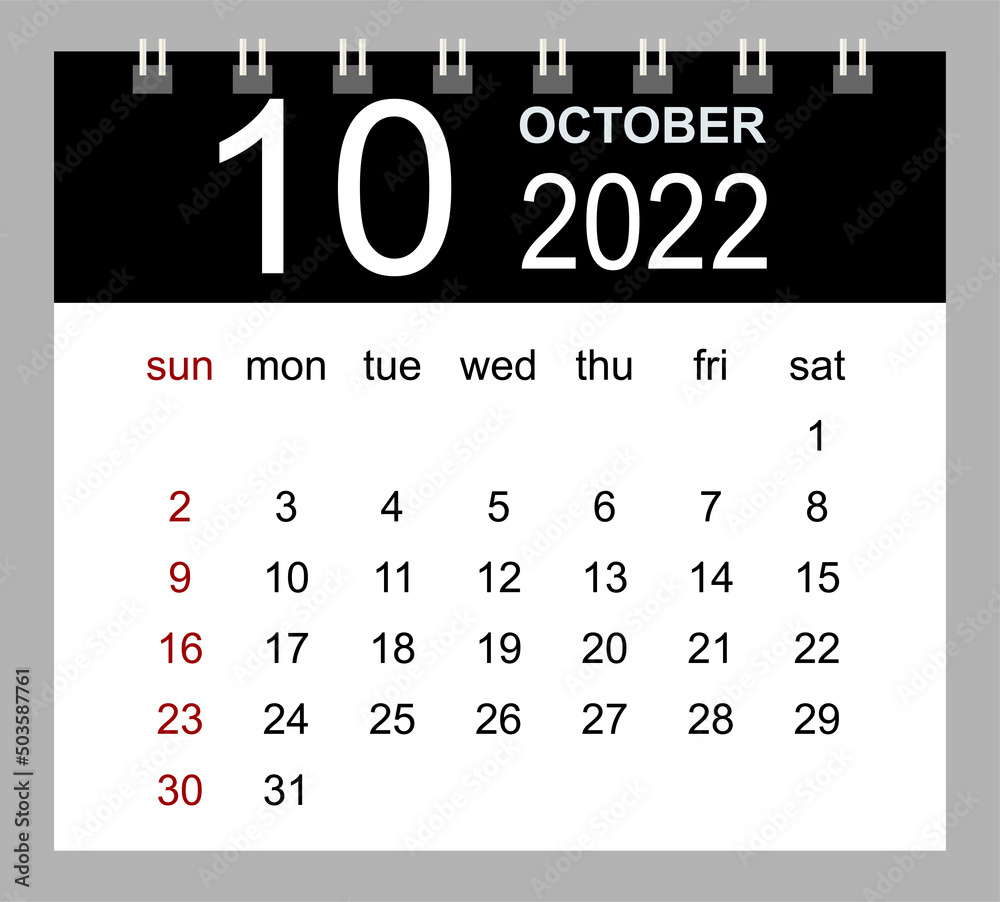 October 2022. Vector monthly calendar template 2022 year in simple ...