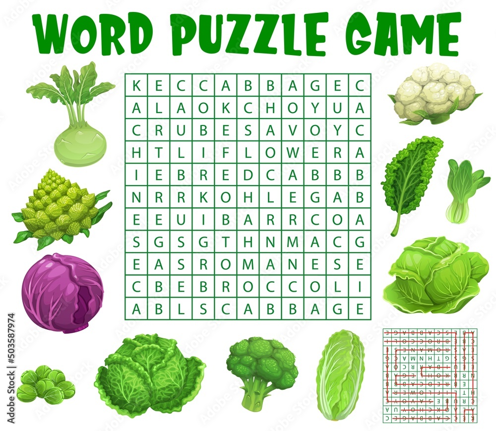 Raw Cabbage Vegetables Word Search Puzzle Game Worksheet Vector Kids Quiz Grid Riddle To 