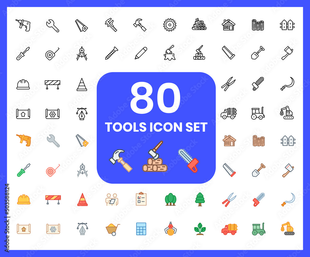 Collection of tools linear icons and color icons. hammer, saw, ax, wood ...