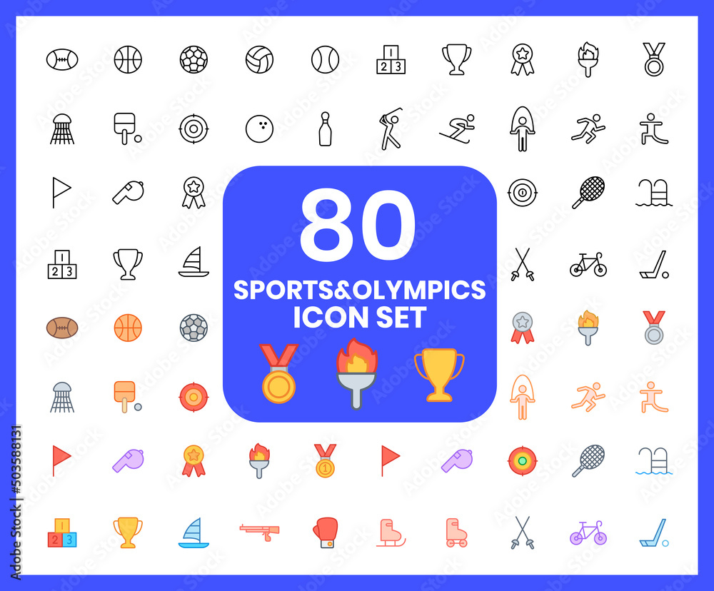 Collection of sports and olympics linear icons and color icons ...