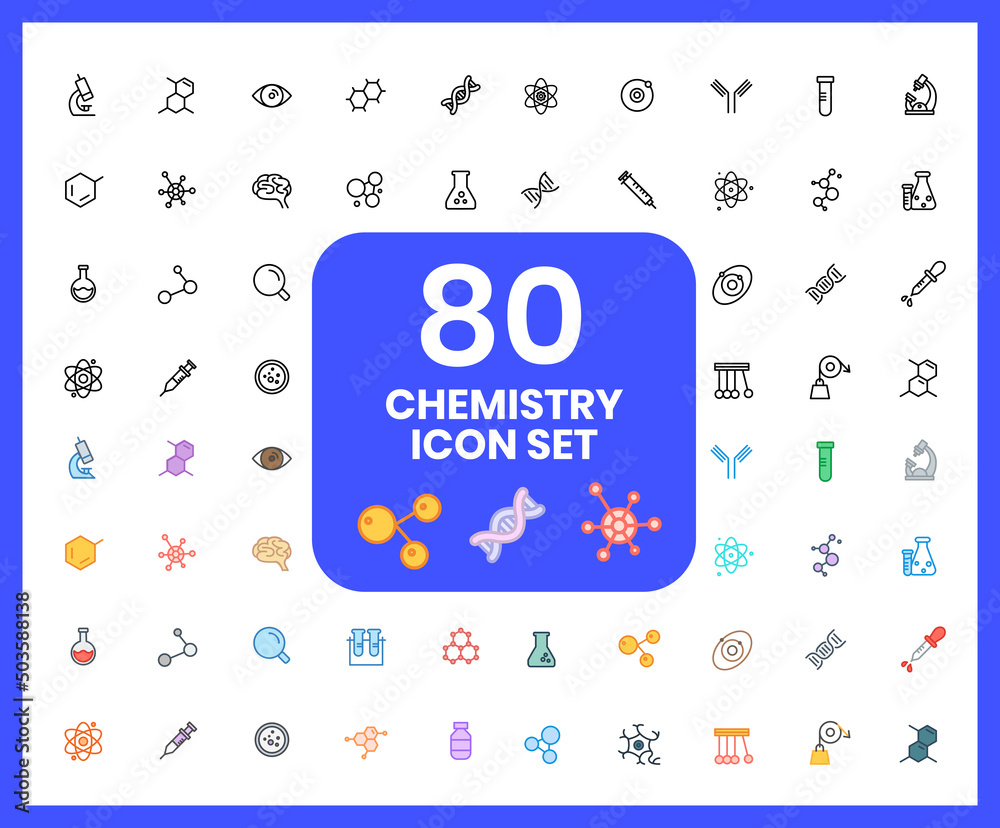 Collection of chemistry linear icons and color icons. microscopes ...