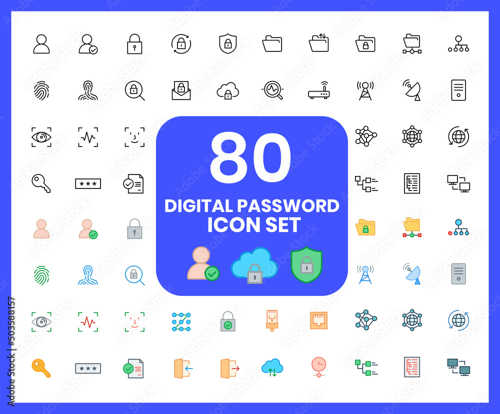 Collection of digital password linear icons and color icons. safety ...