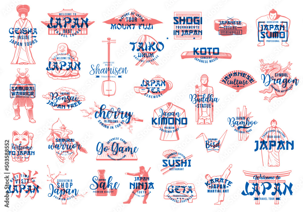 Japanese culture, religion icons and symbols. Geisha, Hotei god and ...