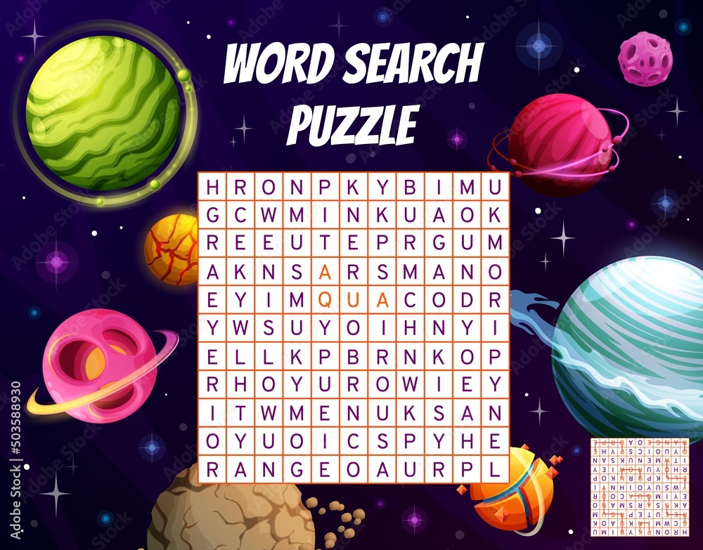 Fantastic galaxy space planets for word search puzzle game, vector ...