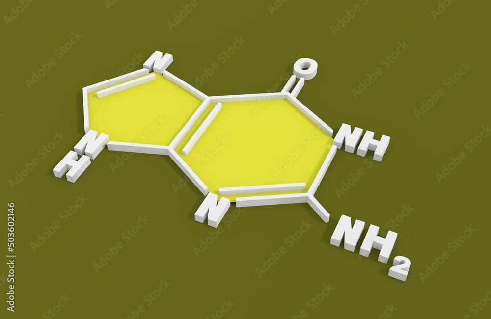 Chemical structural formula of guanine - DNA and RNA nitrogen base. 3D ...