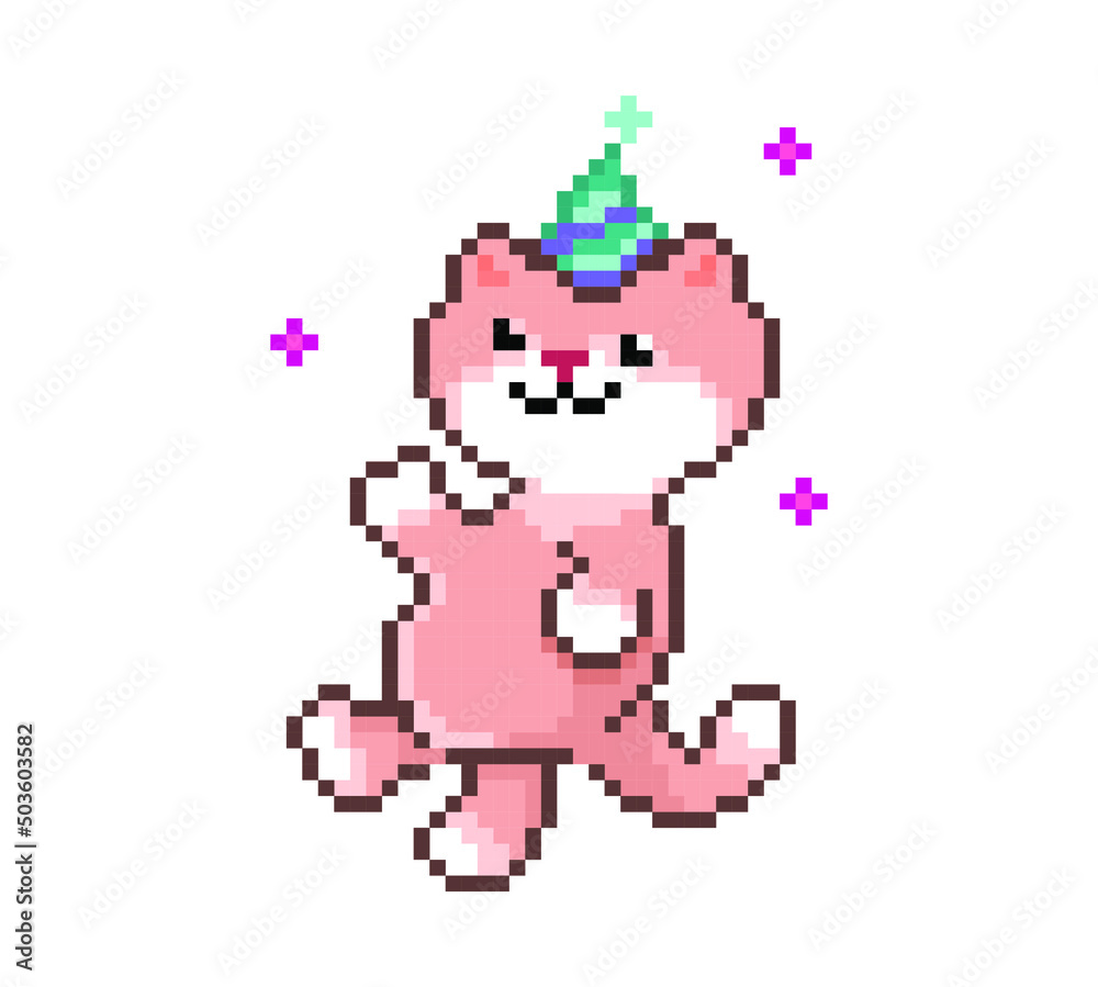 Pixel art cute cat, happy birthday holiday card, funny pet Stock Vector ...