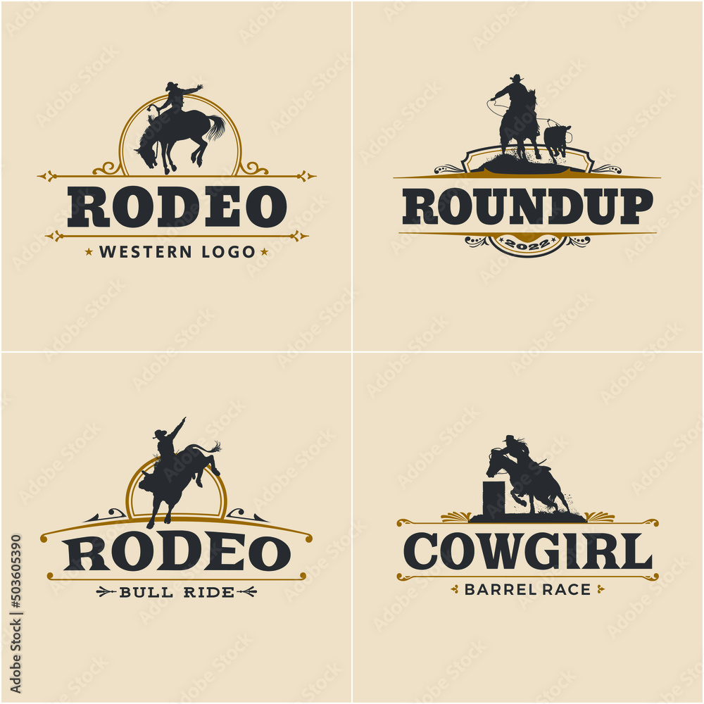 Four rodeo logos with western design elements and a silhouette cowboy ...