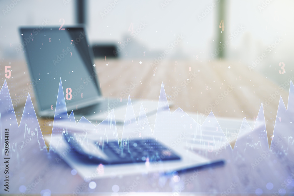 Abstract virtual analytics data spreadsheet on blurry calculator and ...