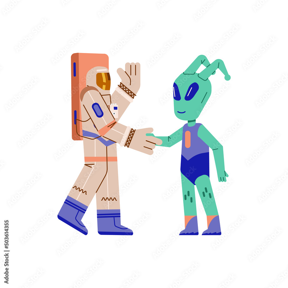 Astronaut and space alien meeting flat cartoon vector illustration ...