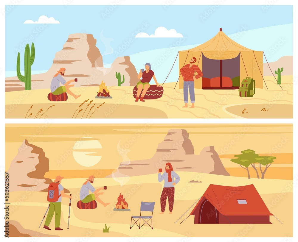 Desert camp at dawn and sunset cartoon vector illustration. Tourist ...