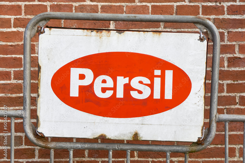 Old weathered retro Persil sign. Persil is a German brand of laundry ...