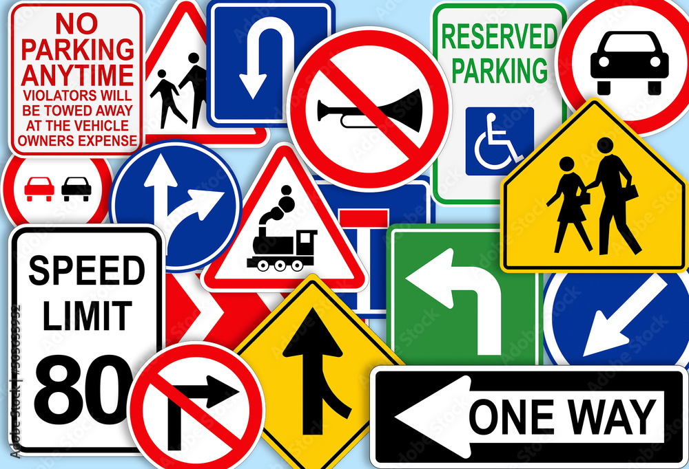 Collection of different traffic signs on turquoise background Stock ...