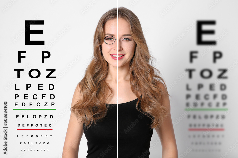 Collage with photos of woman with and without glasses and eye charts on ...