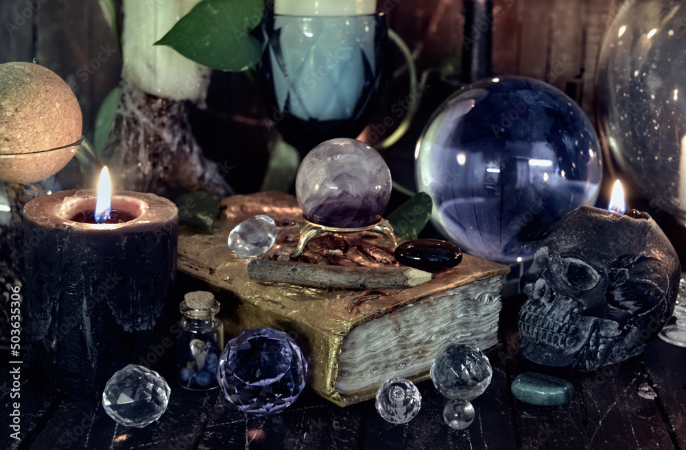 Wicca, esoteric and occult still life with vintage magic objects on ...