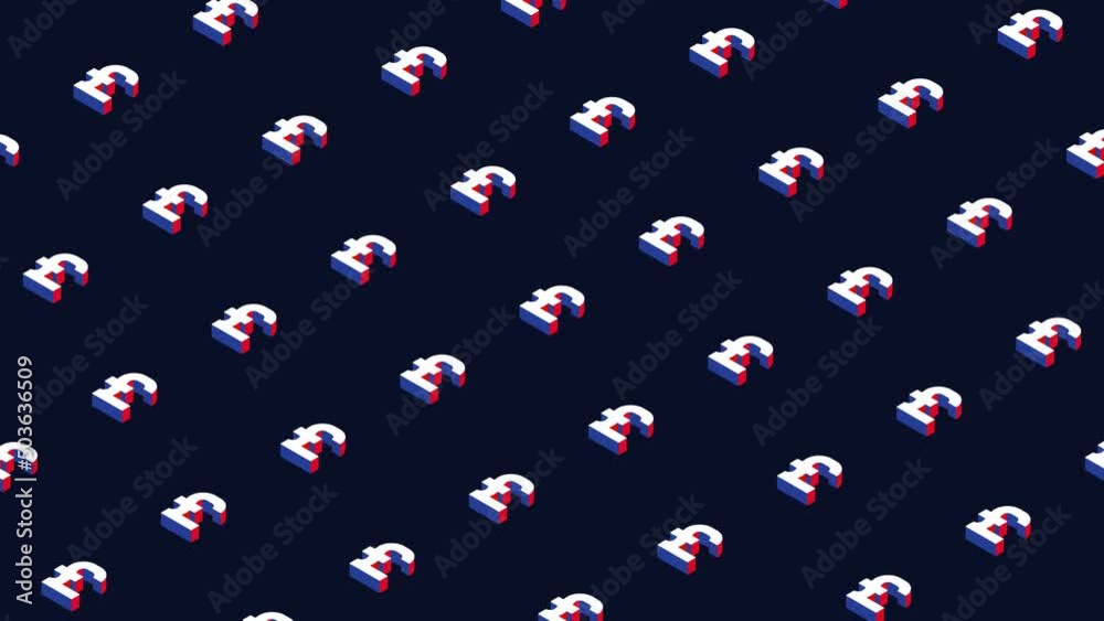 Isometric symbols of British Pound in animated pattern on a dark ...