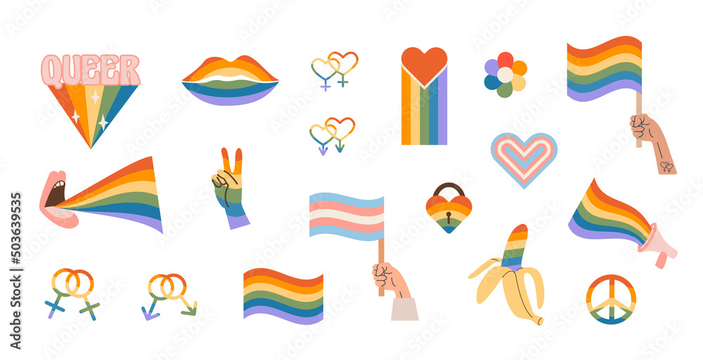 Vector set of LGBTQ community symbols with pride flags, gender signs ...