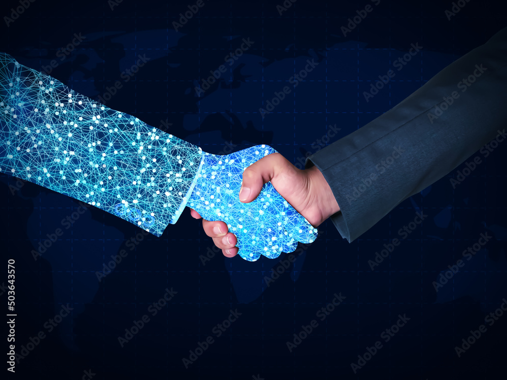 Technology and Artificial Intelligence handshake with wireframe hand ...