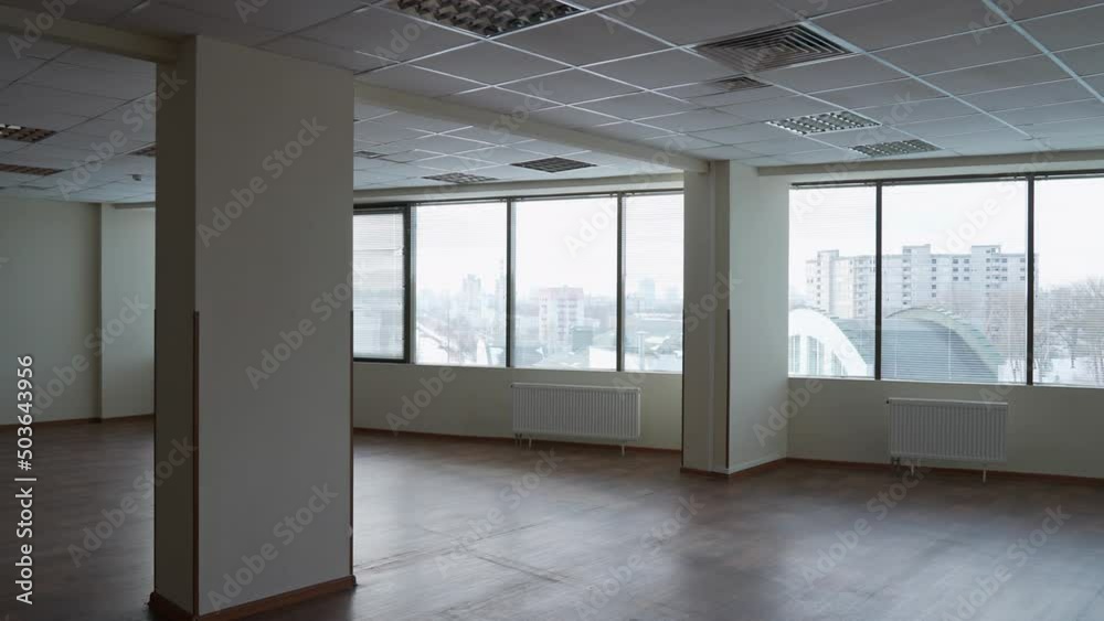 Vídeo do Stock: Workspace interior, walk through the empty office space ...