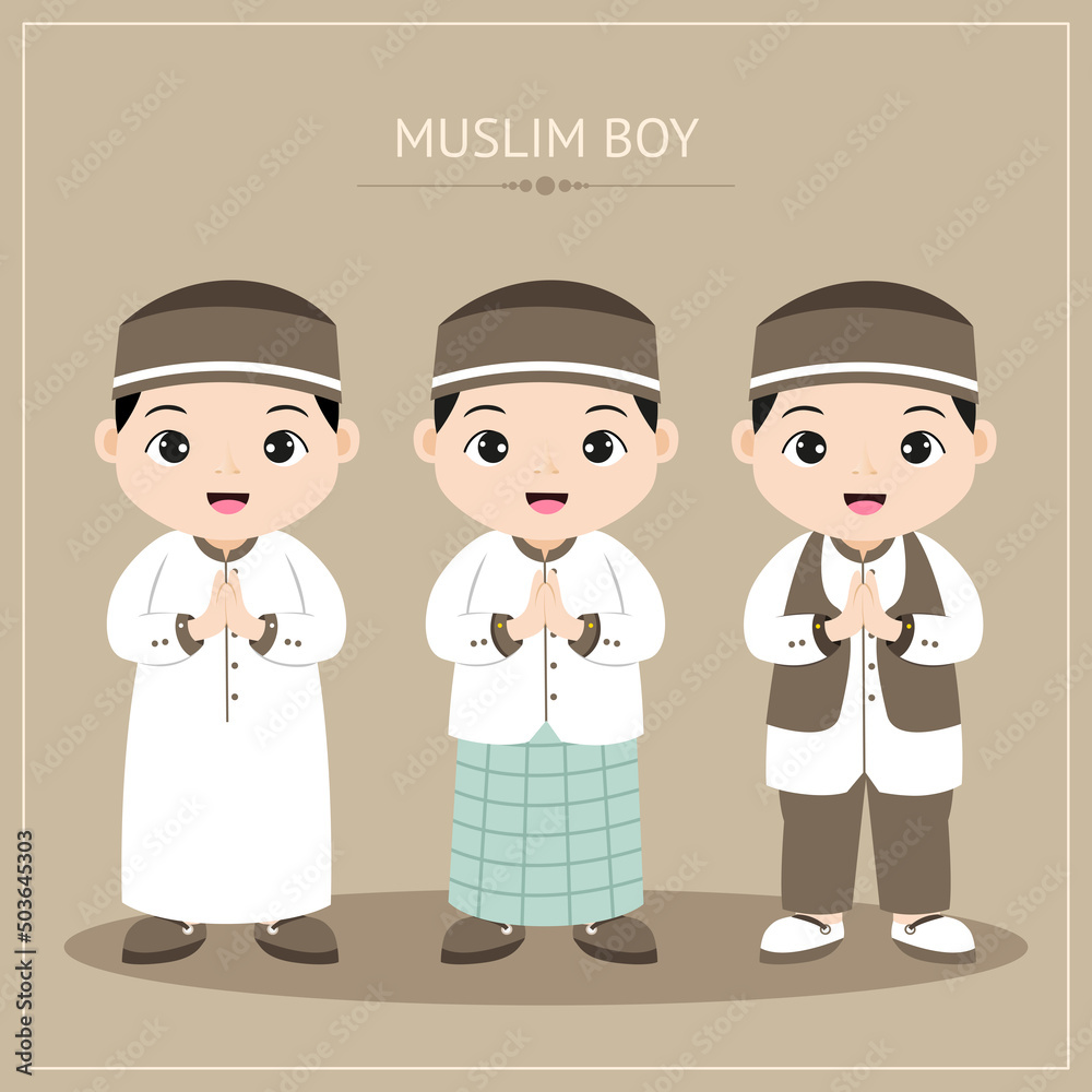 Cute cartoon muslim boy set wear islamic dress Stock Vector | Adobe Stock