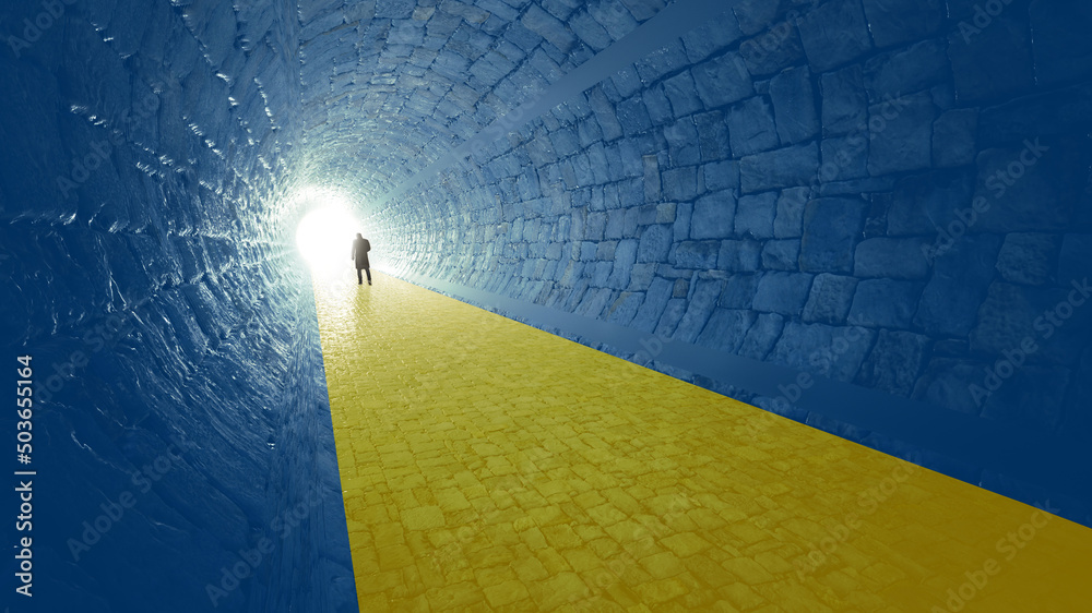 Concept or conceptual blue and yellow tunnel, the Ukrainian flag colors ...