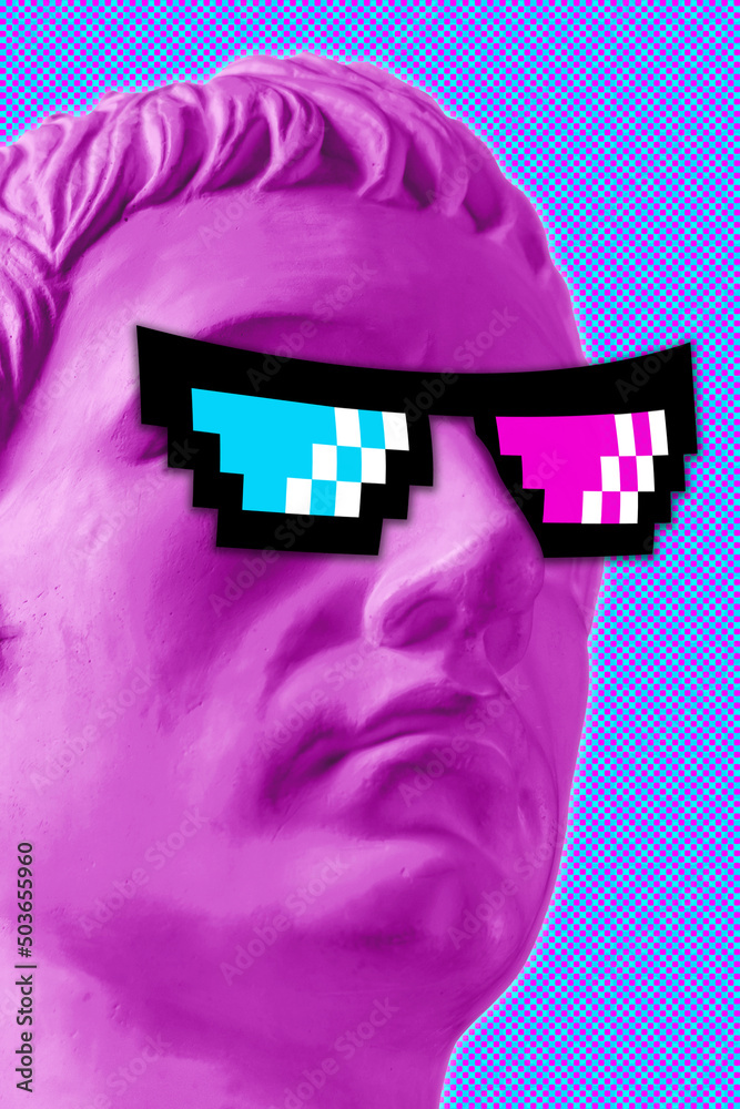 Collage with antique sculpture of male face in pop art style. Modern ...