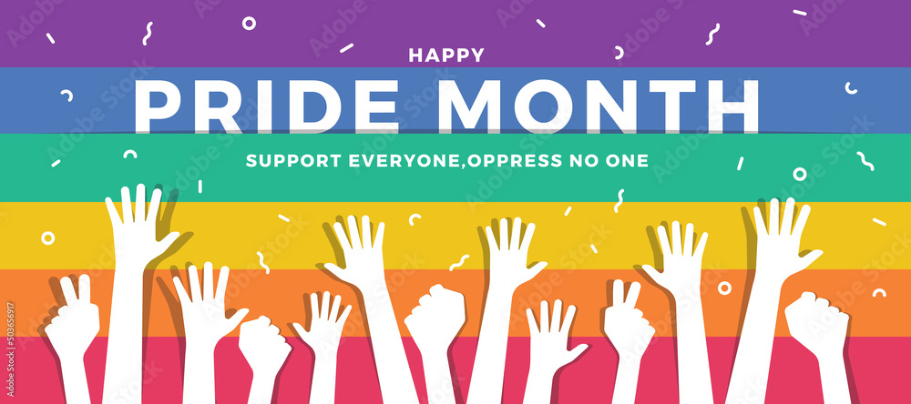 happy pride month white hands raised on rainbow pride flag background ...