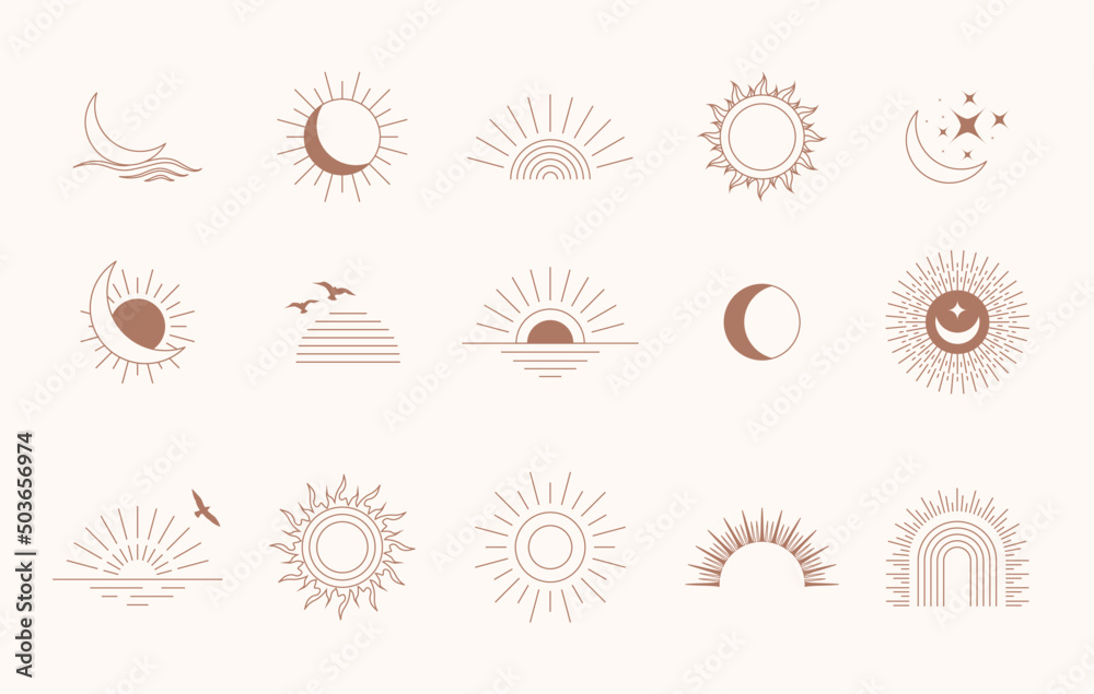 Bohemian linear logos, icons and symbols, sun, arc, moon, wave design ...