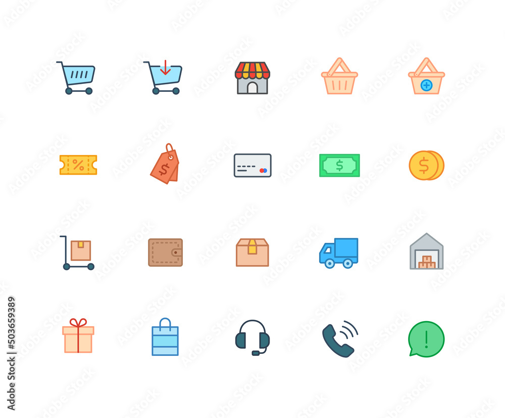 E-commerce color icons. Basket, Shopping, Delivery, Parcel Service. Set ...