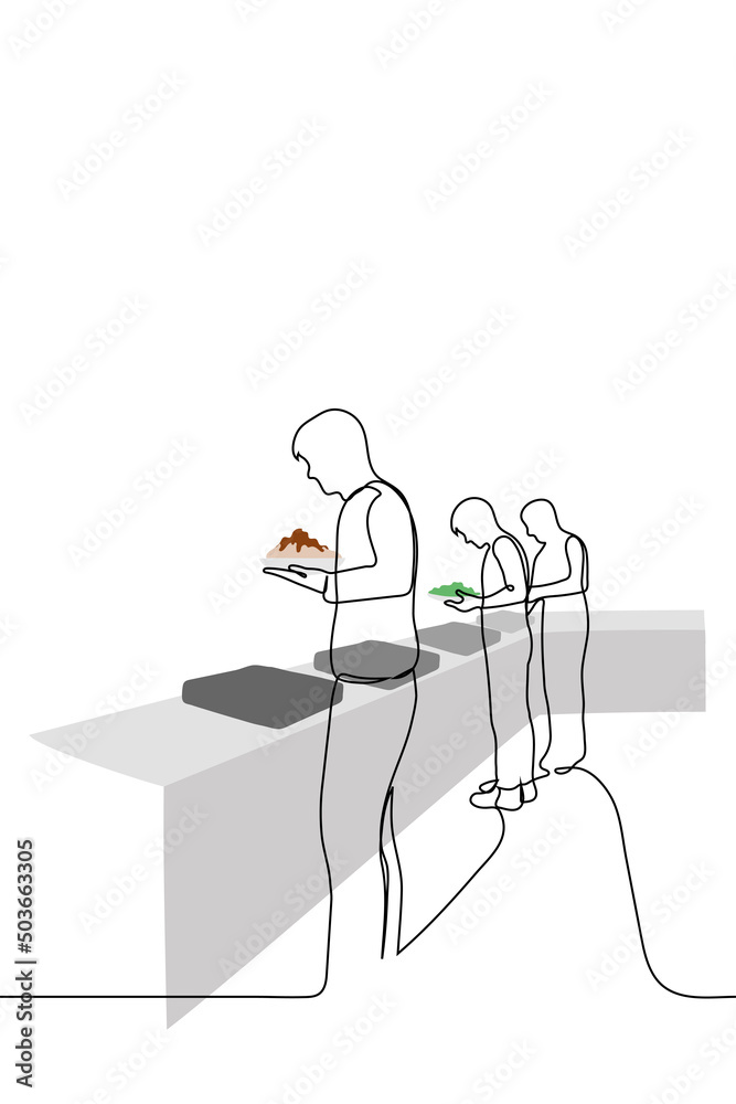 people with plates picking up their own food at the tables with ...