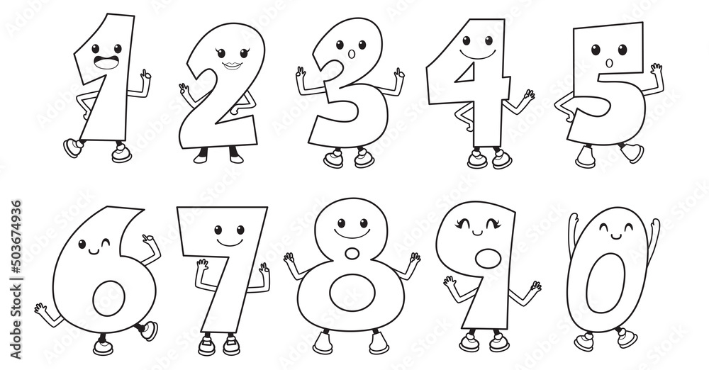 Cute cartoon numbers characters font from 1 to 0, outline design ...