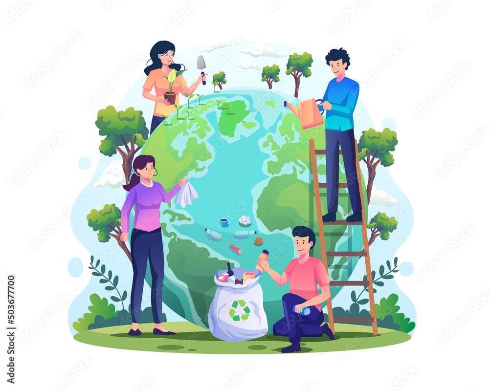 Hand Draw World Environment Day concept with People taking care of the ...