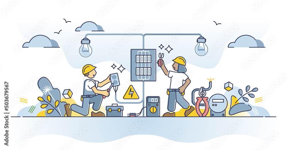 Electricians work as professional power supply repairman outline ...