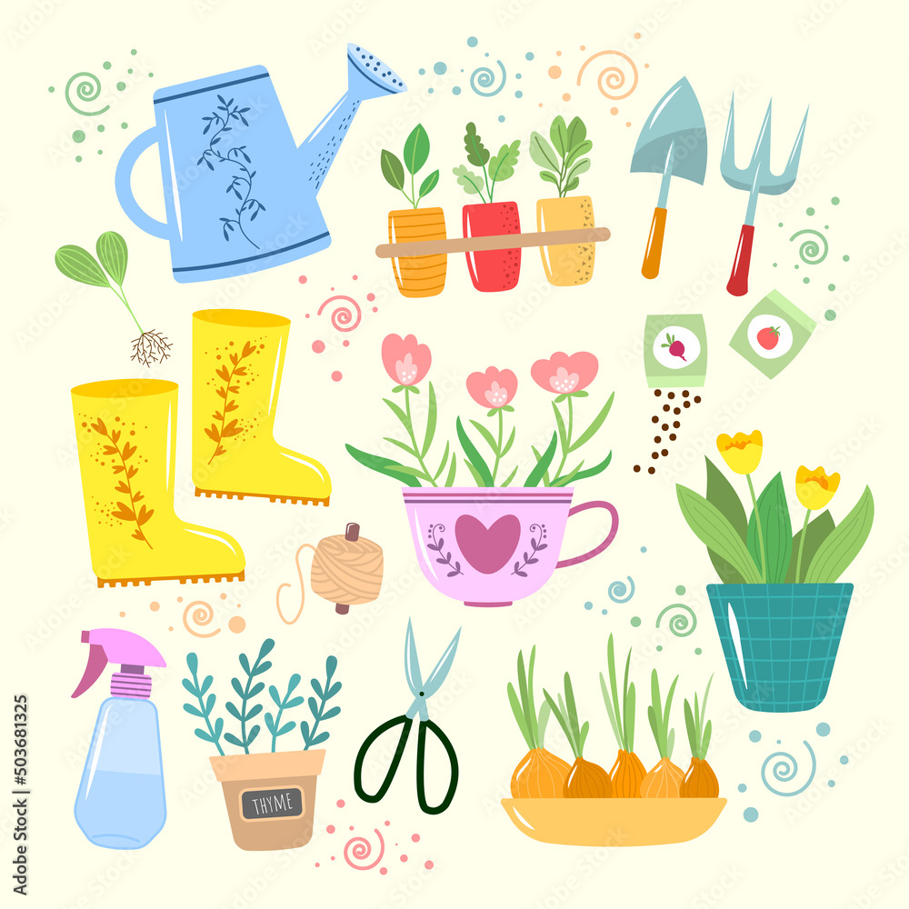 Garden set, spring clip art, plants in pots Stock Vector | Adobe Stock