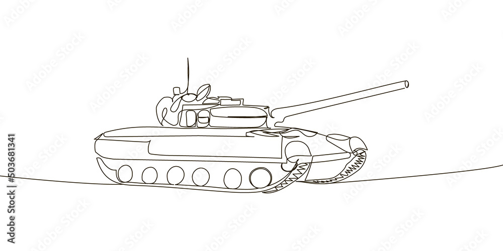 Battle tank continuous line drawing. One line art of military, armored ...