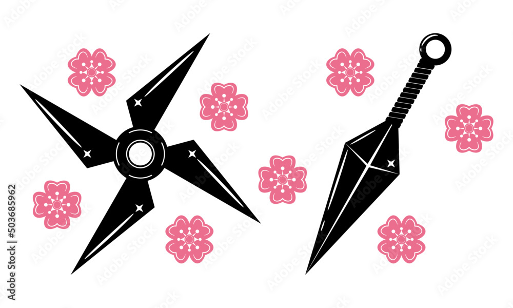 Ninja weapon kunai blade and shuriken star with pink sakura flowers ...