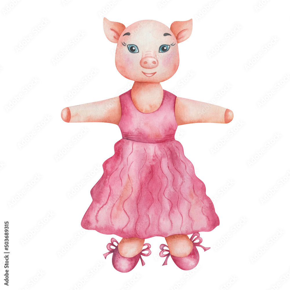 Watercolor illustration of hand painted orange pig girl in dance studio ...