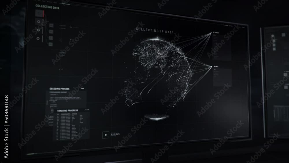 Cyber spying program scans map on the computer screen. Cyber spy ...
