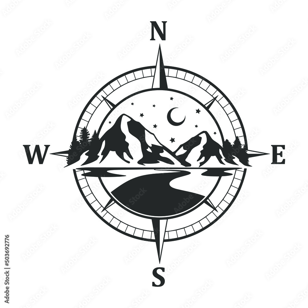 Compass Mountain Illustration Clip Art Design Shape. Night Landmark ...