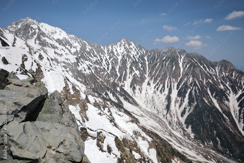 The ridgeline of Mt. Hotaka in the Northern Alps of Japan with snow ...