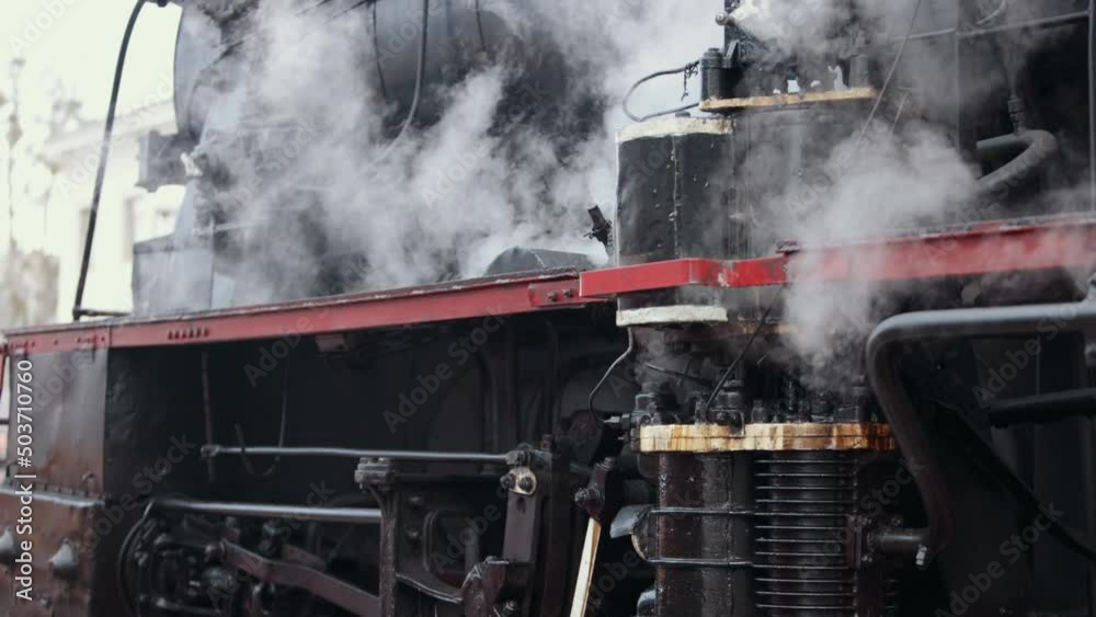 Vintage steam train locomotive. Pair locomotive train leaking smoke ...
