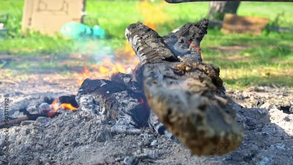 Red-hot charcoal burns out in a fire in nature. Gray ash smolders with ...