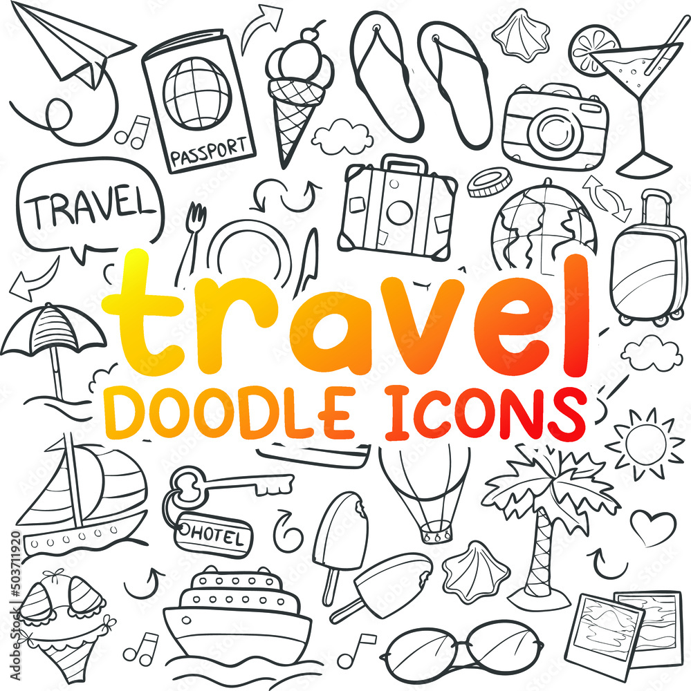 Travel Doodle Icons. Hand Made Line Art. Summer Vacations Clipart ...