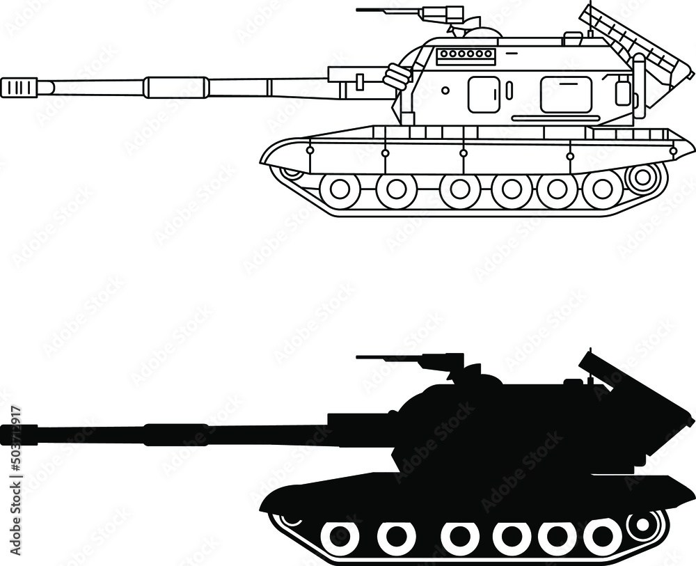 Poster Self-propelled howitzer icon, drawing, diagram and silhouette ...