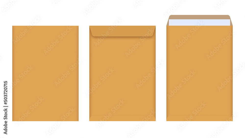 Brown envelope front and back on beige background. Letter top view ...