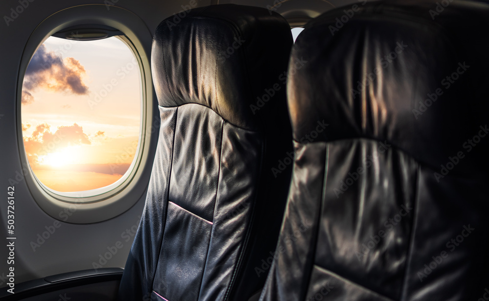 Windows airplane flying on sunset sky in the morning, Inside plane ...