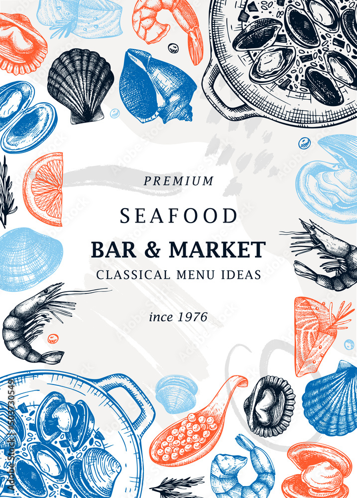 Hand-drawn seafood and fish trendy menu template. Hand sketched cooked ...
