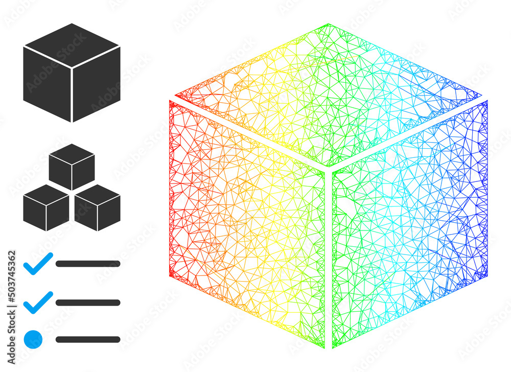 Rainbow colorful net mesh cube. Hatched carcass flat network geometric ...