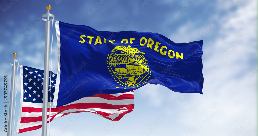 The Oregon state flag waving along with the national flag of the United ...