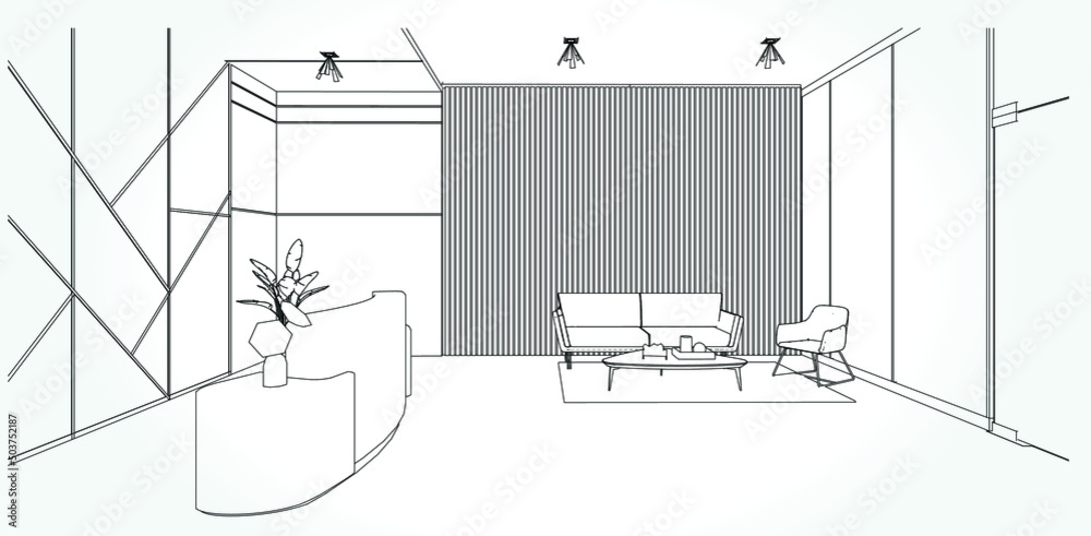 interior outline sketch drawing perspective of a space office ...