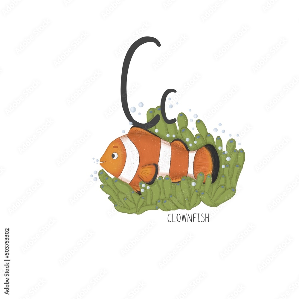 Alphabet red and white clown fish in green algae next to the letter C ...